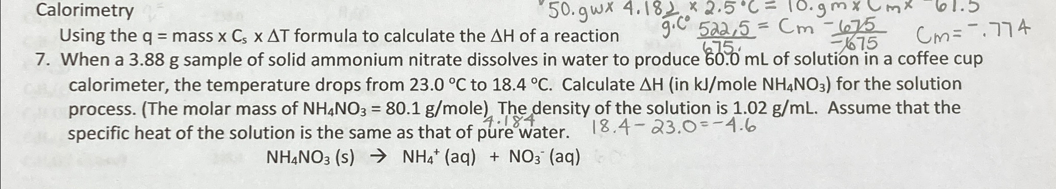 Solved CalorimetryUsing the q= ﻿mass ×Cs×ΔT ﻿formula to | Chegg.com