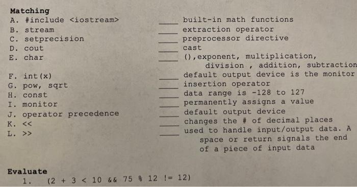 Solved Matching A. #include built-in math functions B. | Chegg.com