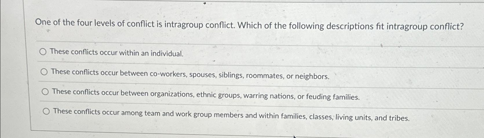 Solved One of the four levels of conflict is intragroup | Chegg.com