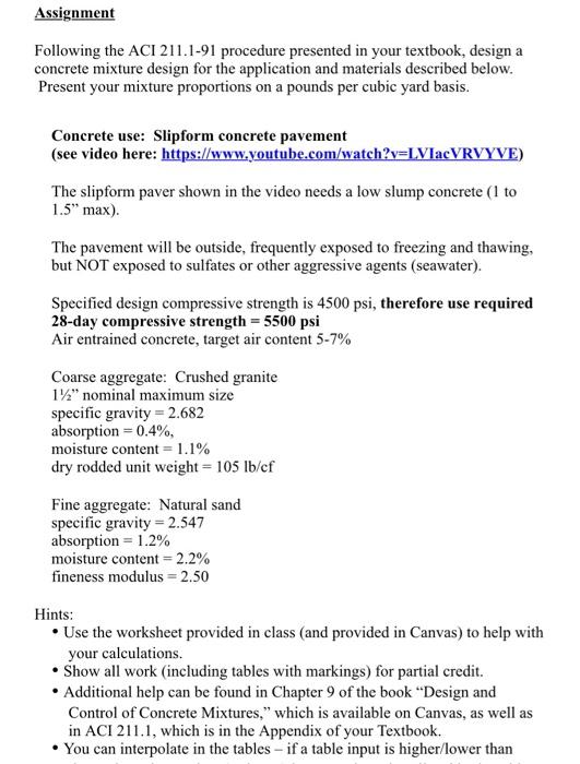 Assignment Following the ACI 211.1-91 procedure | Chegg.com