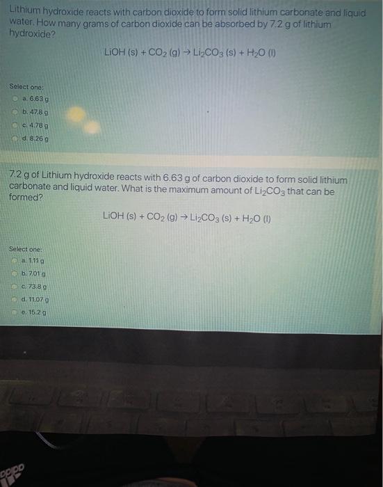 Solved Lithium hydroxide reacts with carbon dioxide to form | Chegg.com