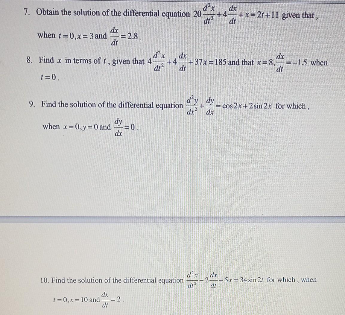 Solved SECOND ORDER DIFFERENTIAL EQUATIONS MATH 1001 1. | Chegg.com