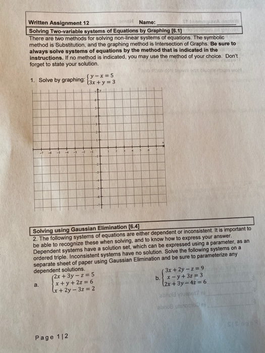 Solved Name: Written Assignment 12 Solving Two-variable | Chegg.com