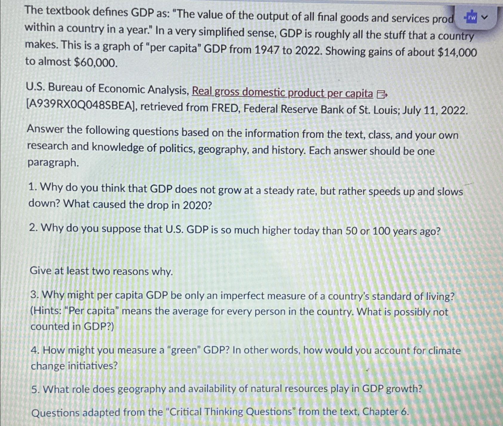 Solved The textbook defines GDP as: "The value of the output | Chegg.com