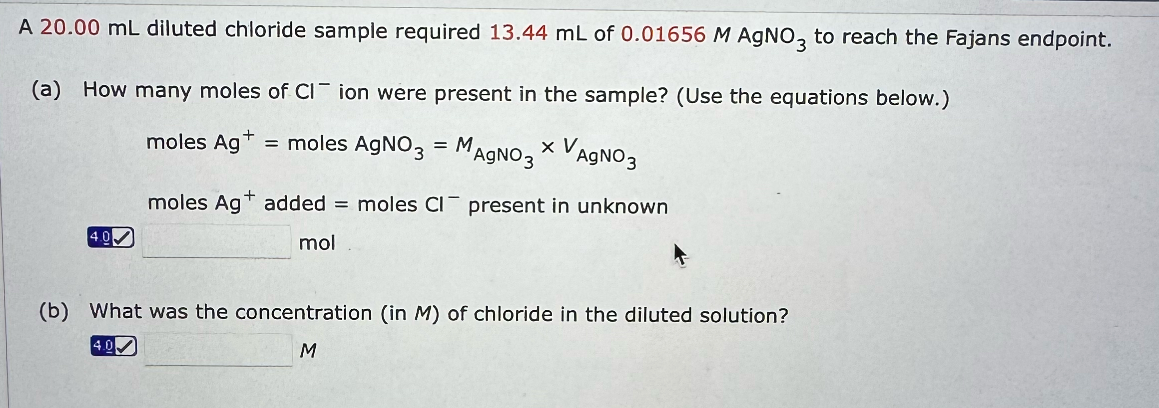 Solved A 20.00mL ﻿diluted chloride sample required 13.44mL | Chegg.com