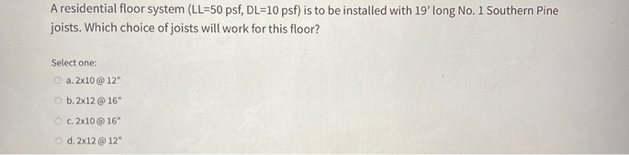 A residential floor system (LL=50 psf, DL=10 psf) is | Chegg.com