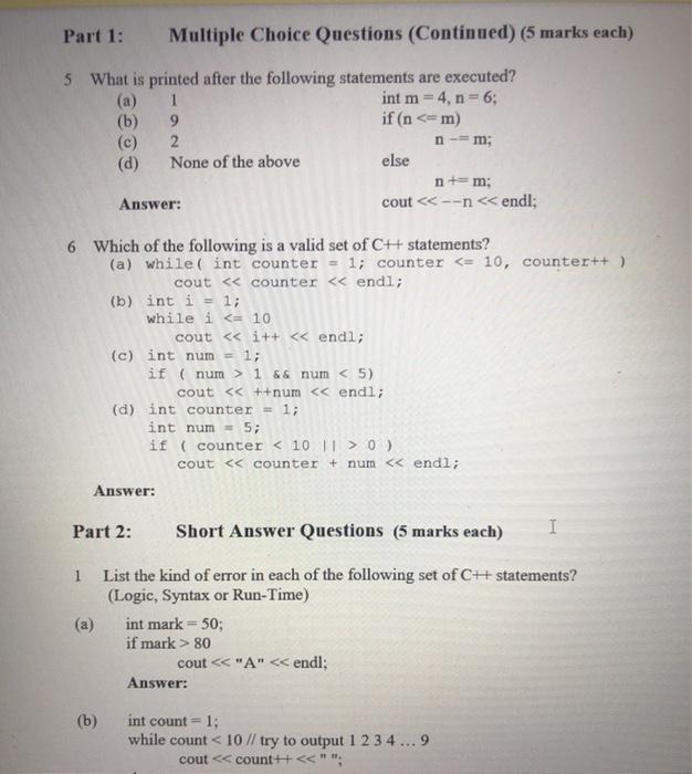 Solved Part 1: Multiple Choice Questions (5 marks each) 1 | Chegg.com