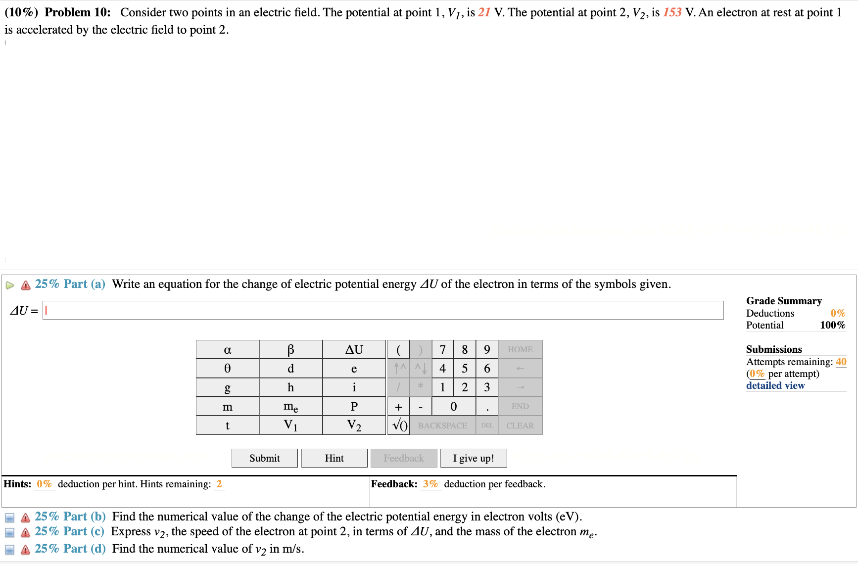 Solved (10%) ﻿Problem 10: Consider two points in an electric | Chegg.com