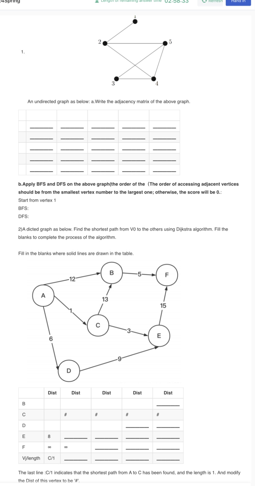 An undirected graph as below: a. ﻿Write the adjacency | Chegg.com