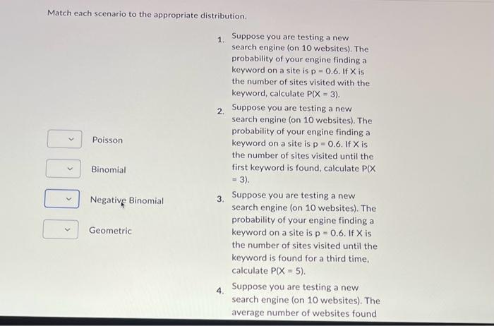 Solved Match each scenario to the appropriate distribution. | Chegg.com