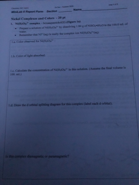 Solved Section Name MiniLab 6 Report Form Nickel Complexes | Chegg.com