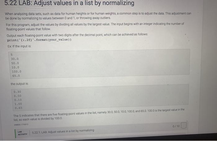Solved 522 Lab Adjust Values In A List By Normalizing When 