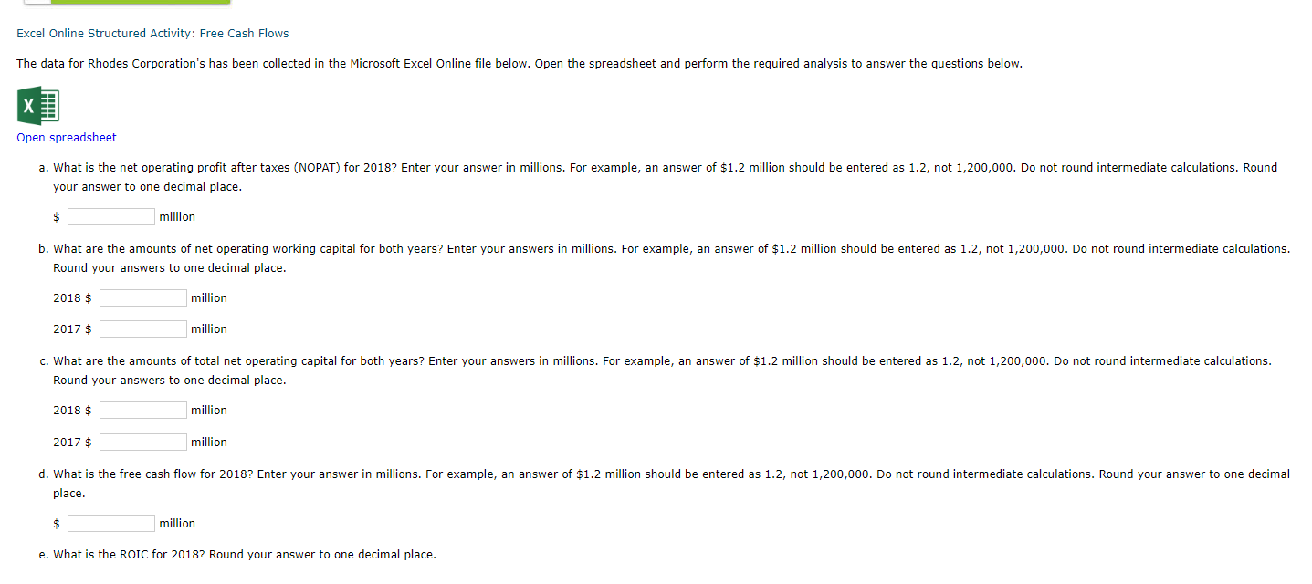 Solved Excel Online Structured Activity: Free Cash Flows | Chegg.com