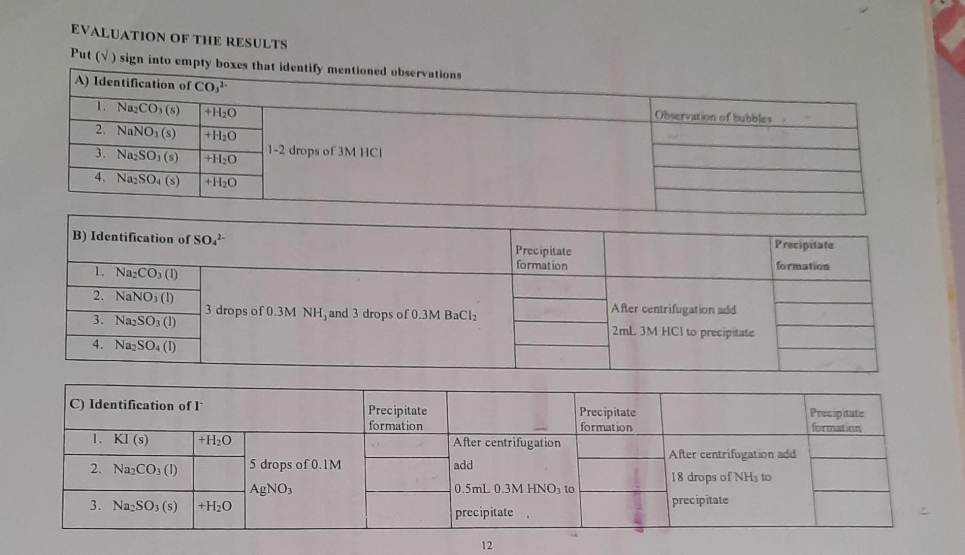 Solved EVALUATION OF TIIE RESULTS Put () sign into empty | Chegg.com