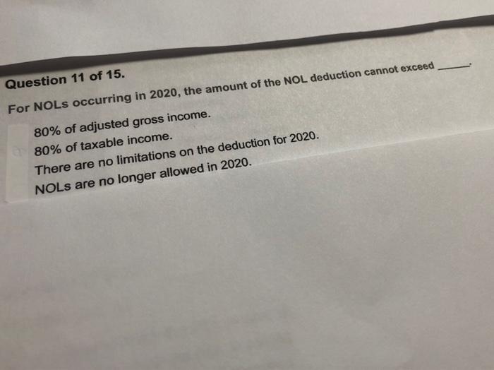 Solved Question 11 of 15. For NOLS occurring in 2020, the | Chegg.com