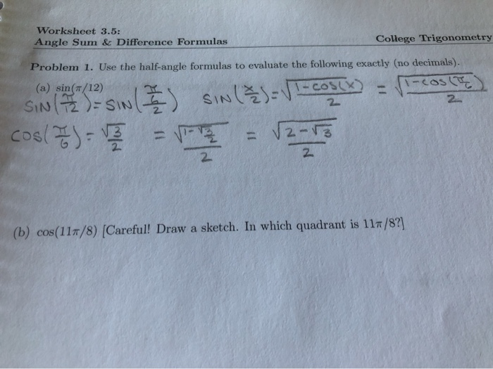 Solved Worksheet 3.5: Angle Sum & Difference Formulas | Chegg.com