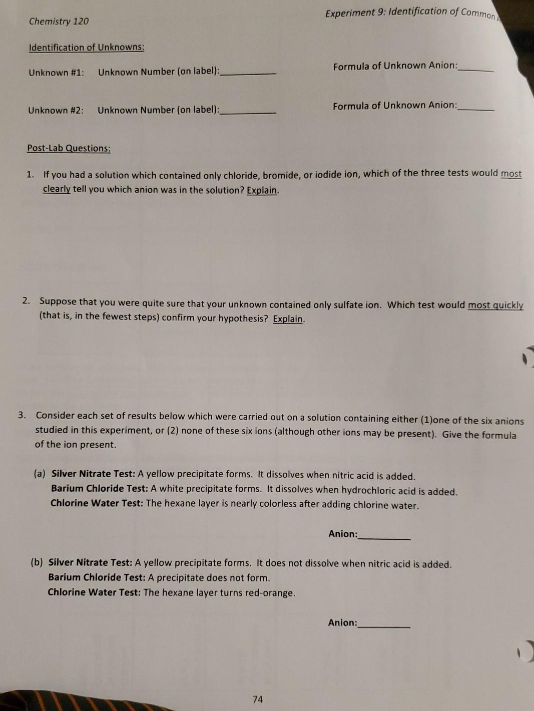 Experiment 9: Identification of Common Anions | Chegg.com