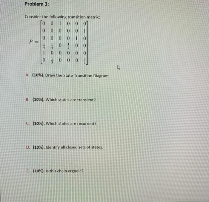 Solved Problem 3: Consider the following transition matrix: | Chegg.com