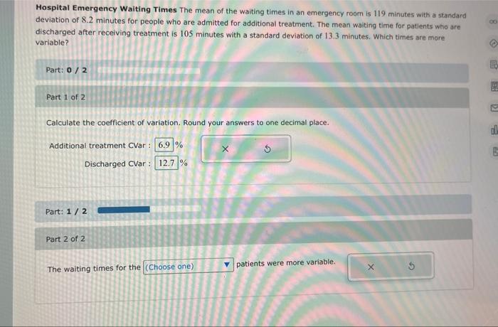 Solved Hospital Emergency Waiting Times The mean of the | Chegg.com
