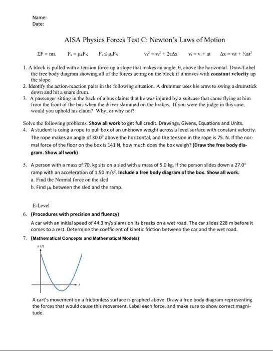 Solved Name: Date: AISA Physics Forces Test C: Newton's Laws | Chegg.com
