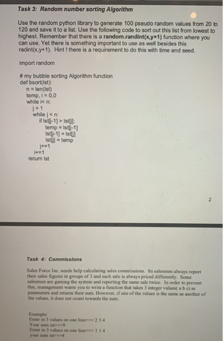 Solved Task 3: Random number sorting Algorithm Use the | Chegg.com