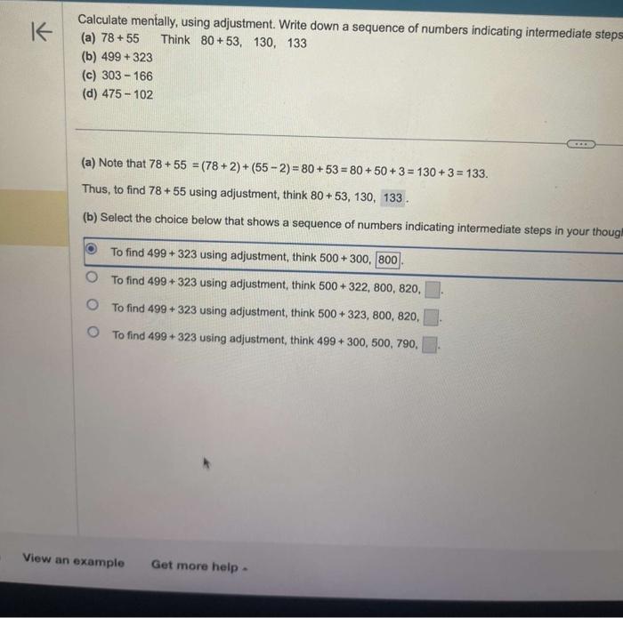 Solved To find 499 + 323 using the adjustment of 500 + 300, | Chegg.com