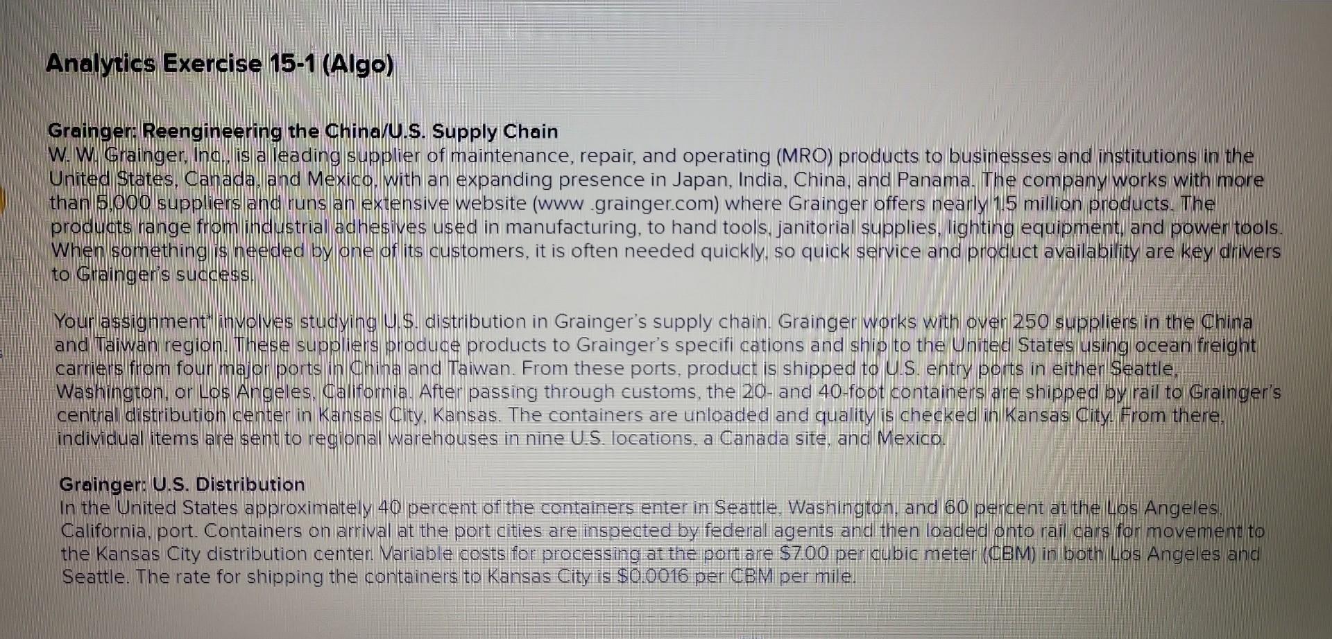Solved Grainger: Reengineering the China/U.S. Supply Chain | Chegg.com