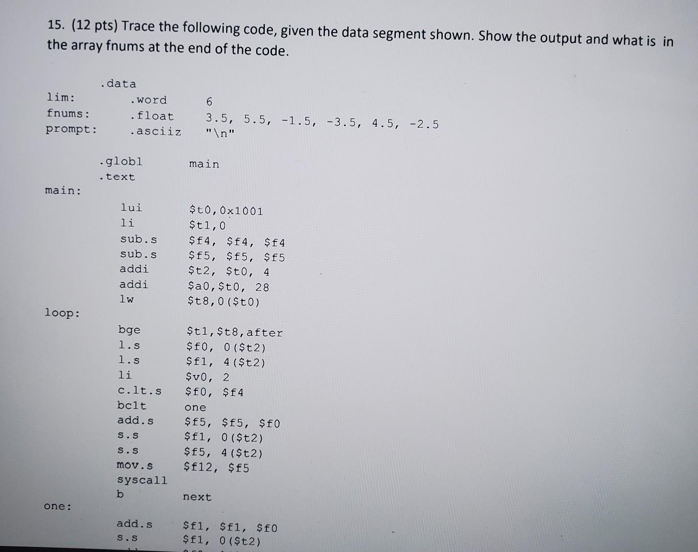 Solved 15. (12 pts) Trace the following code, given the data | Chegg.com