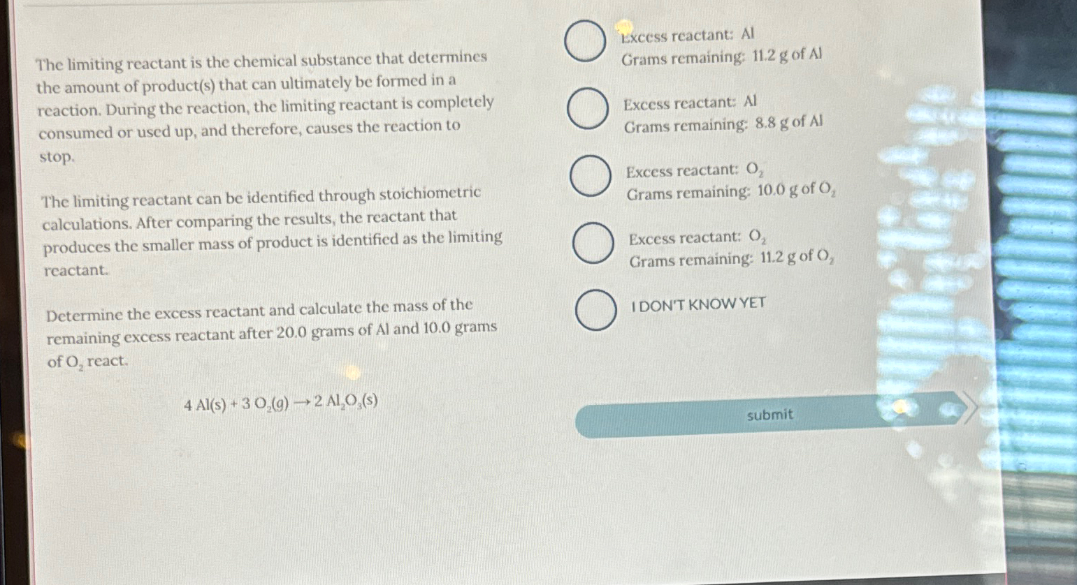 Solved The limiting reactant is the chemical substance that | Chegg.com