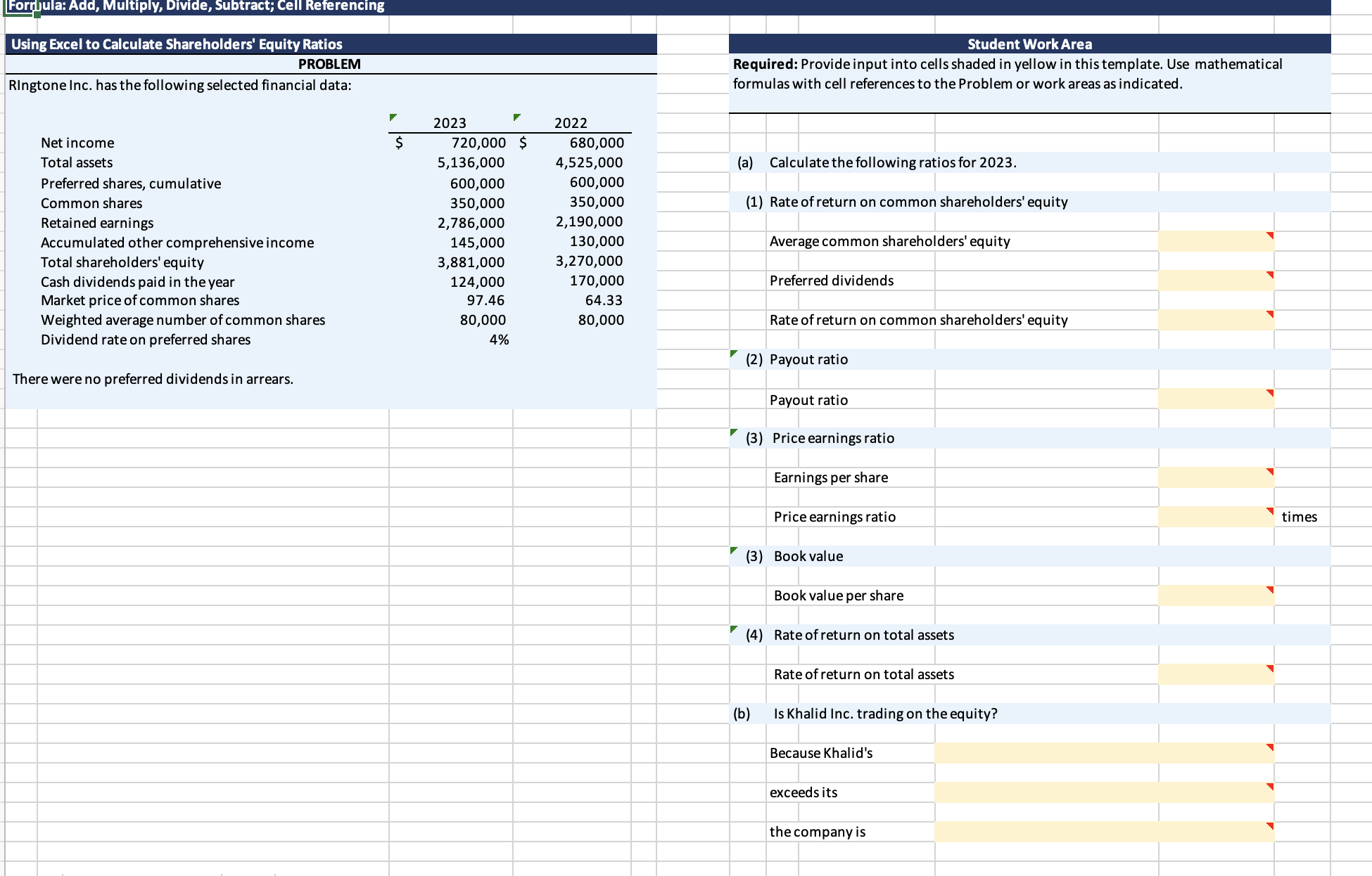 Solved Using Excel to Calculate Shareholders' Equity | Chegg.com