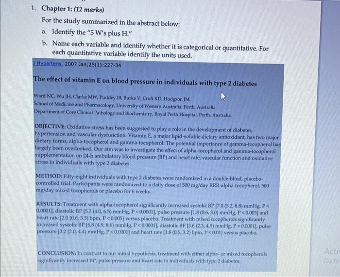 Solved 1. Chapter 1: (12 marks) For the study summarized in | Chegg.com