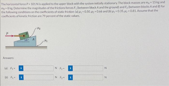 Solved The horizontal force P=101 N is applied to the upper | Chegg.com