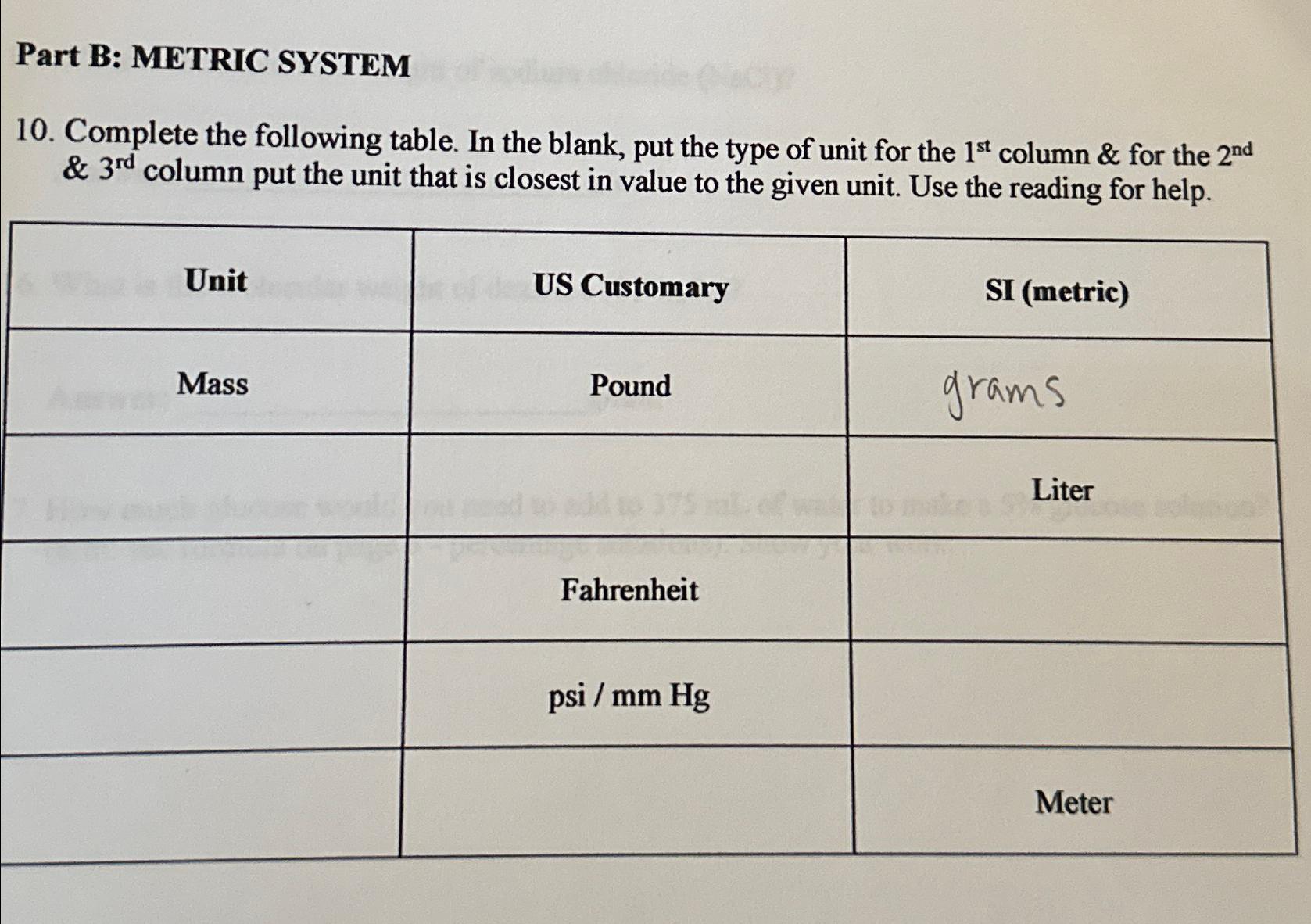 Solved Part B: METRIC SYSTEM\\n10. Complete the following | Chegg.com