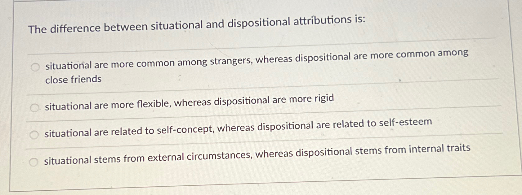 Solved The difference between situational and dispositional | Chegg.com