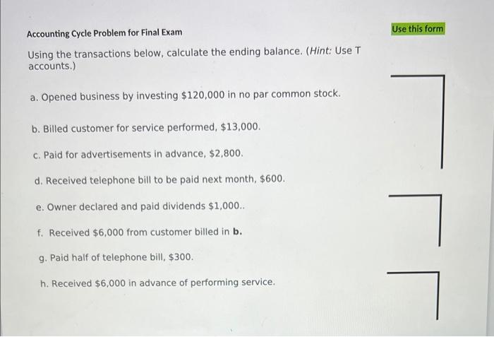Solved Accounting Cycle Problem for Final Exam Using the | Chegg.com