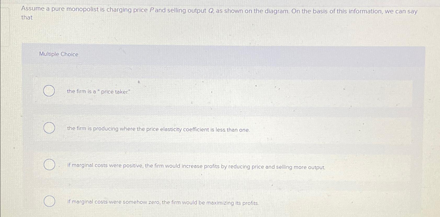Solved Assume a pure monopolist is charging price P ﻿and | Chegg.com