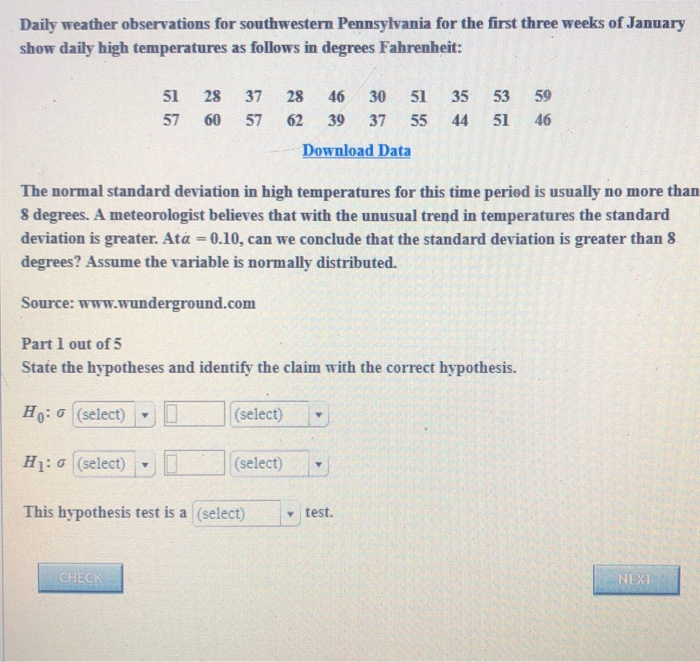Solved Daily weather observations for southwestern | Chegg.com
