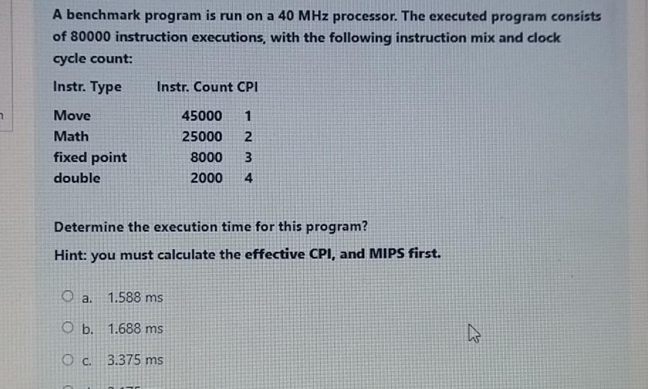 A benchmark program is run on a 40 MHz processor. The | Chegg.com