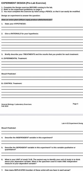 EXPERIMENT DESIGN (Pre-Lab Exercise) 1. Complete the | Chegg.com