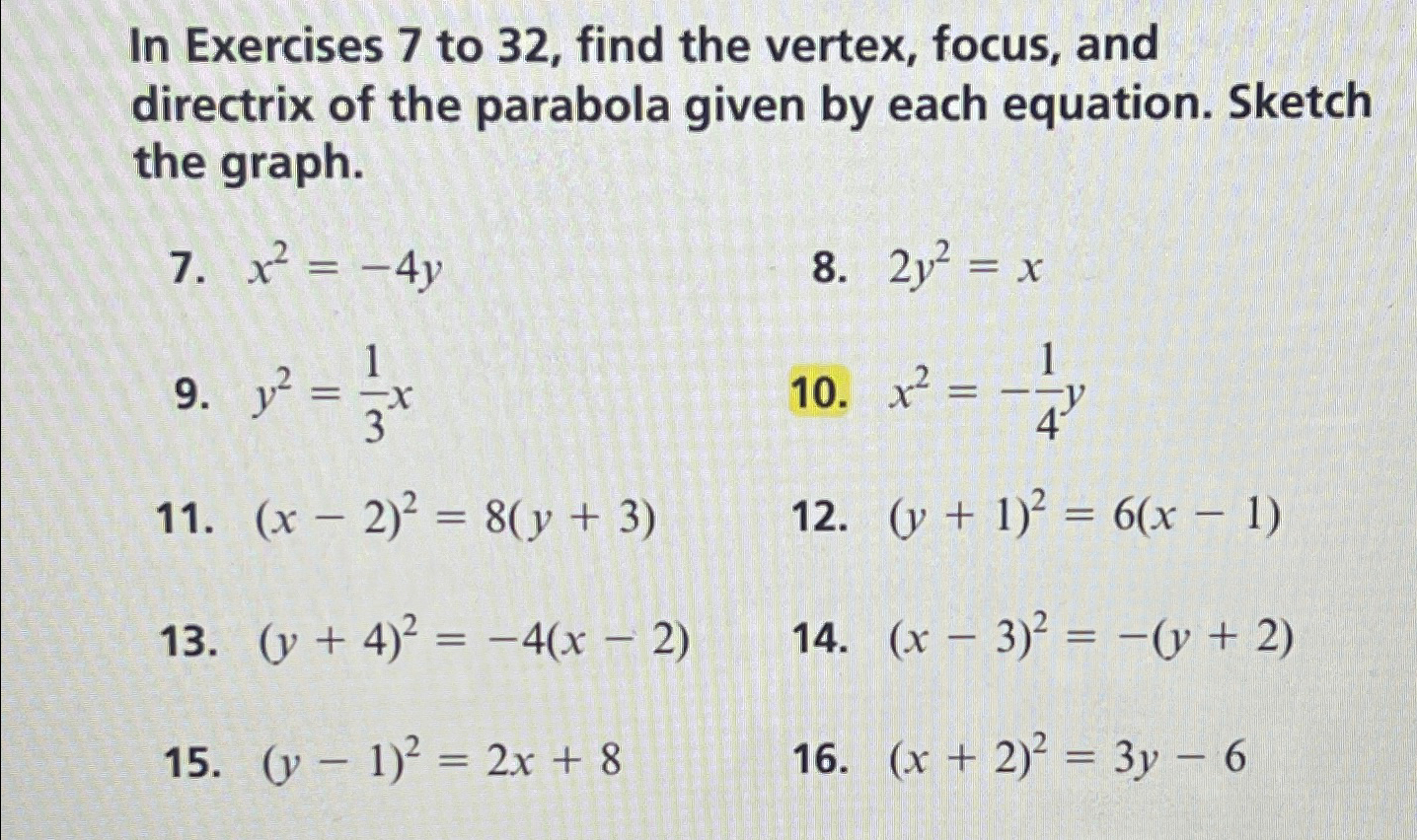 Solved In Exercises 7 ﻿to 32, ﻿find the vertex, focus, and | Chegg.com
