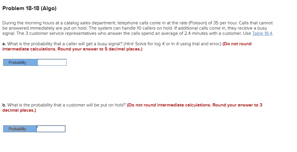 Problem 18-18 (Algo)During the morning hours at a | Chegg.com