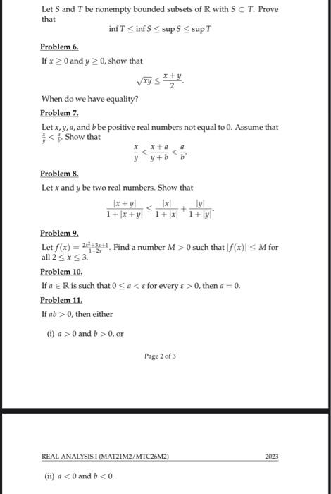 Solved Let S and T be nonempty bounded subsets of R with SC | Chegg.com