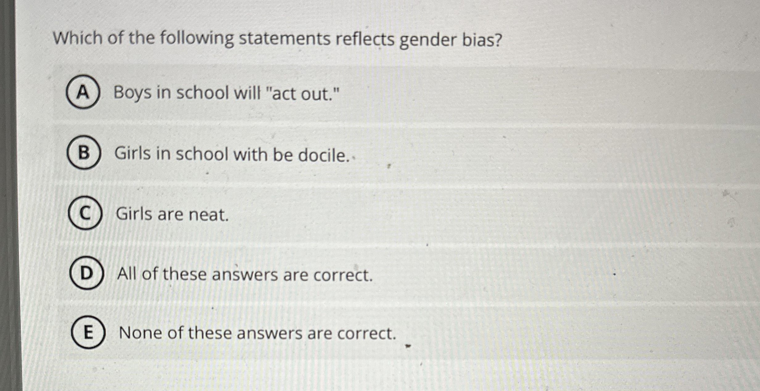 Solved Which of the following statements reflects gender | Chegg.com