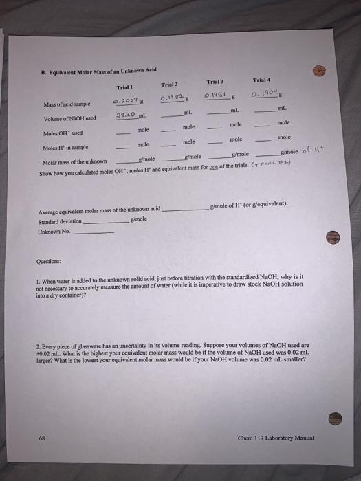 Solved Name Trial 4 Chem 117 Experiment 9 Report Sheet: | Chegg.com