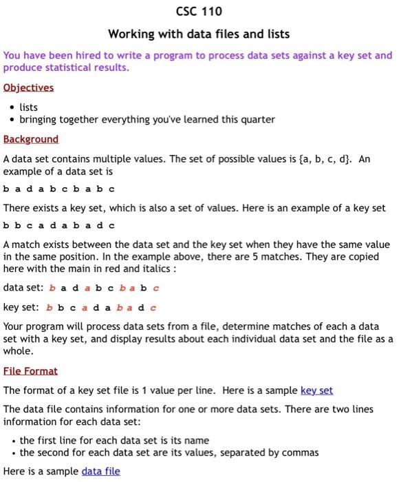 Solved CSC 110 Working with data files and lists You have | Chegg.com