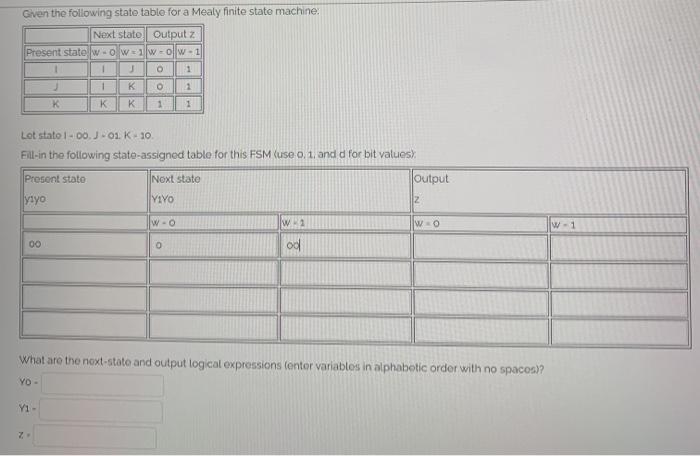 Solved Given the following state table for a Mealy finite | Chegg.com
