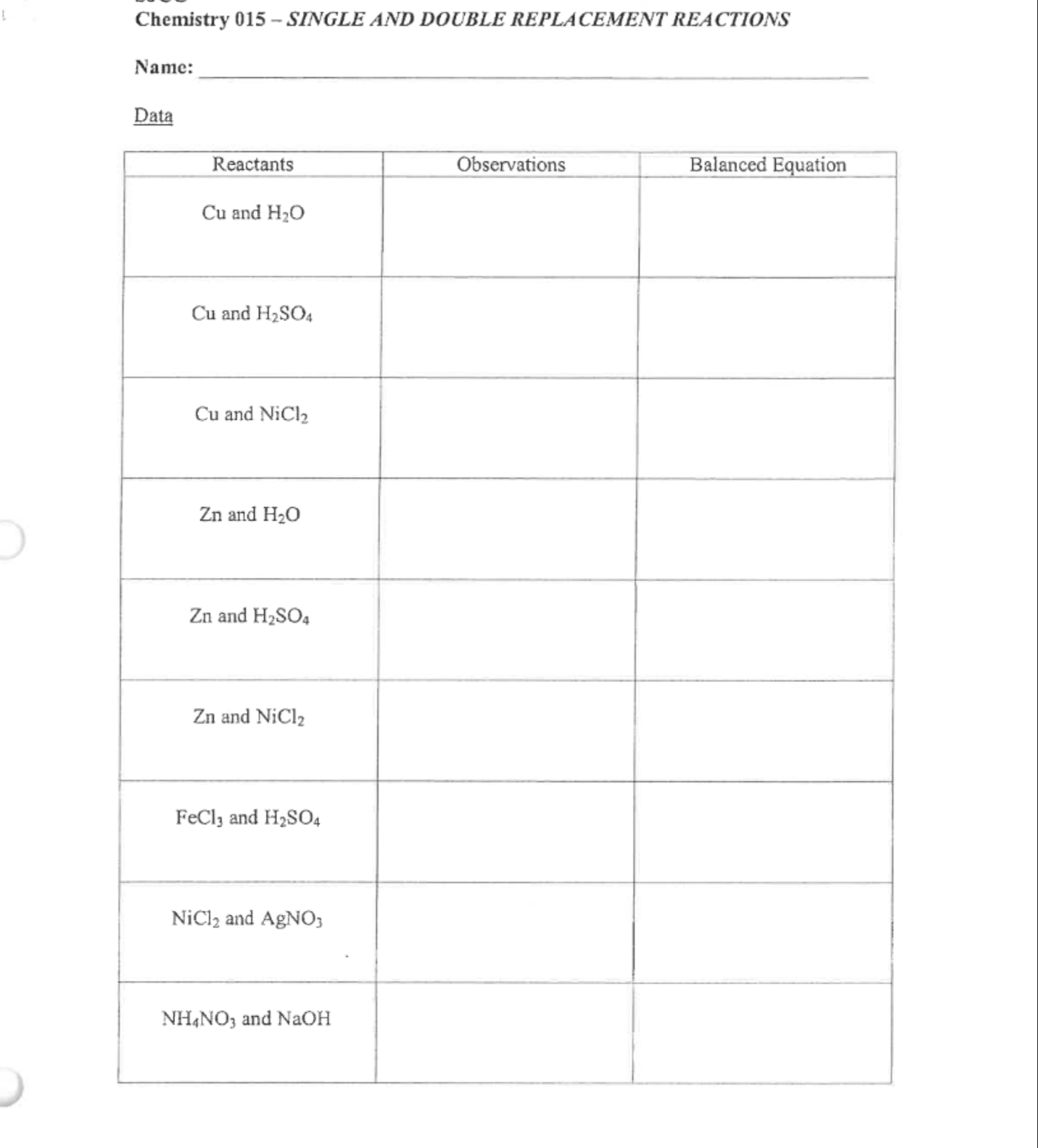 Chemistry 015 -SINGLE AND DOUBLE REPLACEMENT | Chegg.com