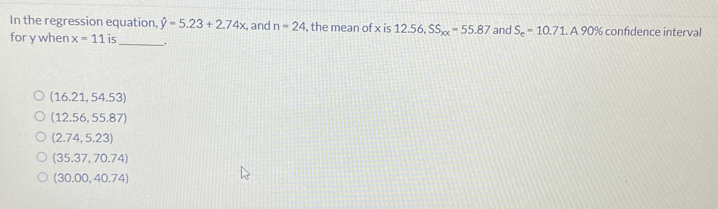 Solved In the regression equation, hat(y)=5.23+2.74x, ﻿and | Chegg.com
