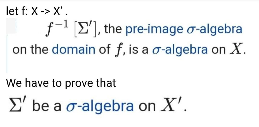 Solved f−1[Σ′], the pre-image σ-algebra on the domain of f, | Chegg.com