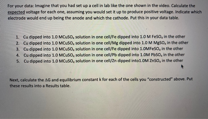 Solved For your data: Imagine that you had set up a cell in | Chegg.com